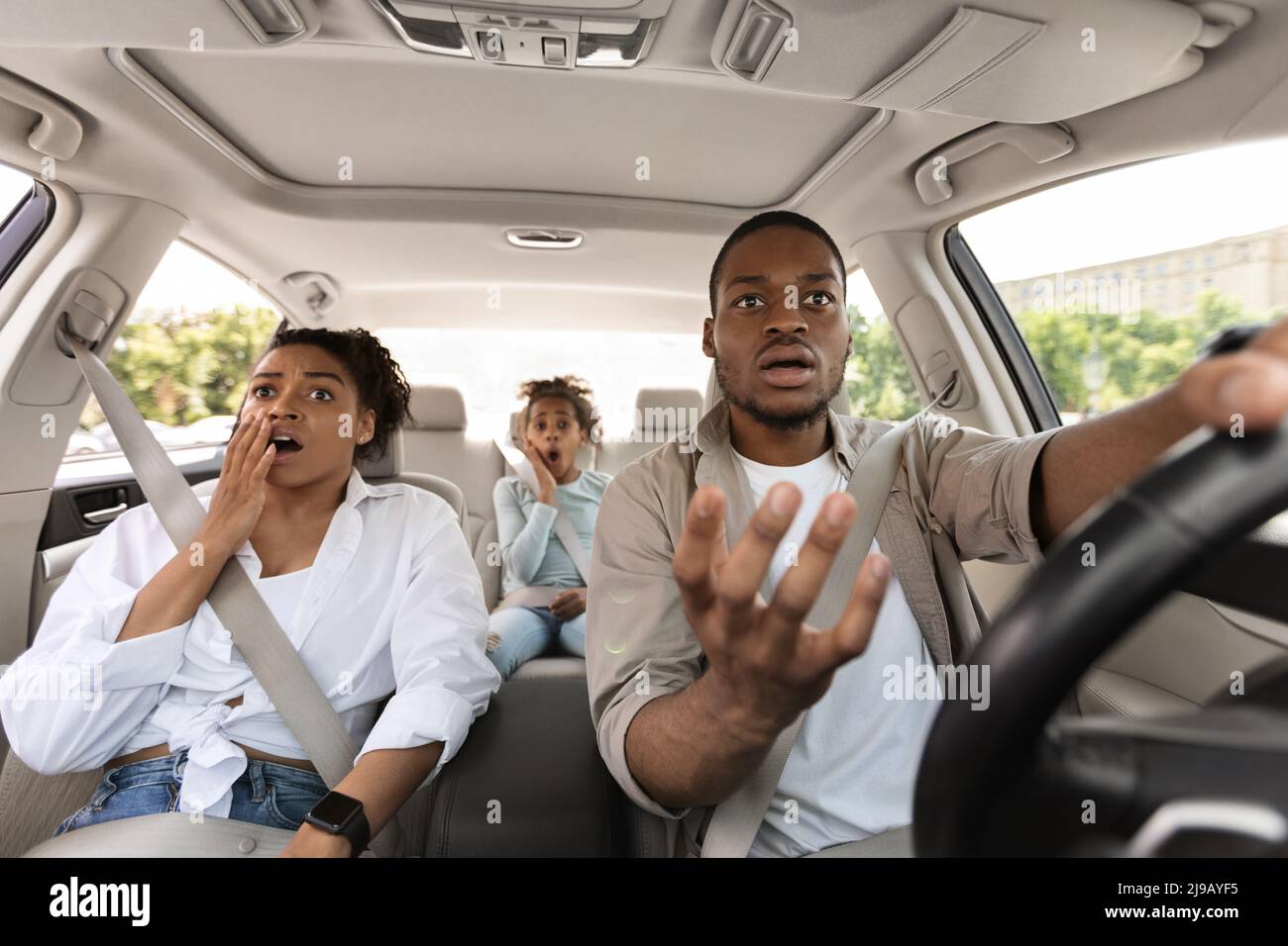 Shocked African Family Driving Having Risk Of Car Accident Outdoor ...