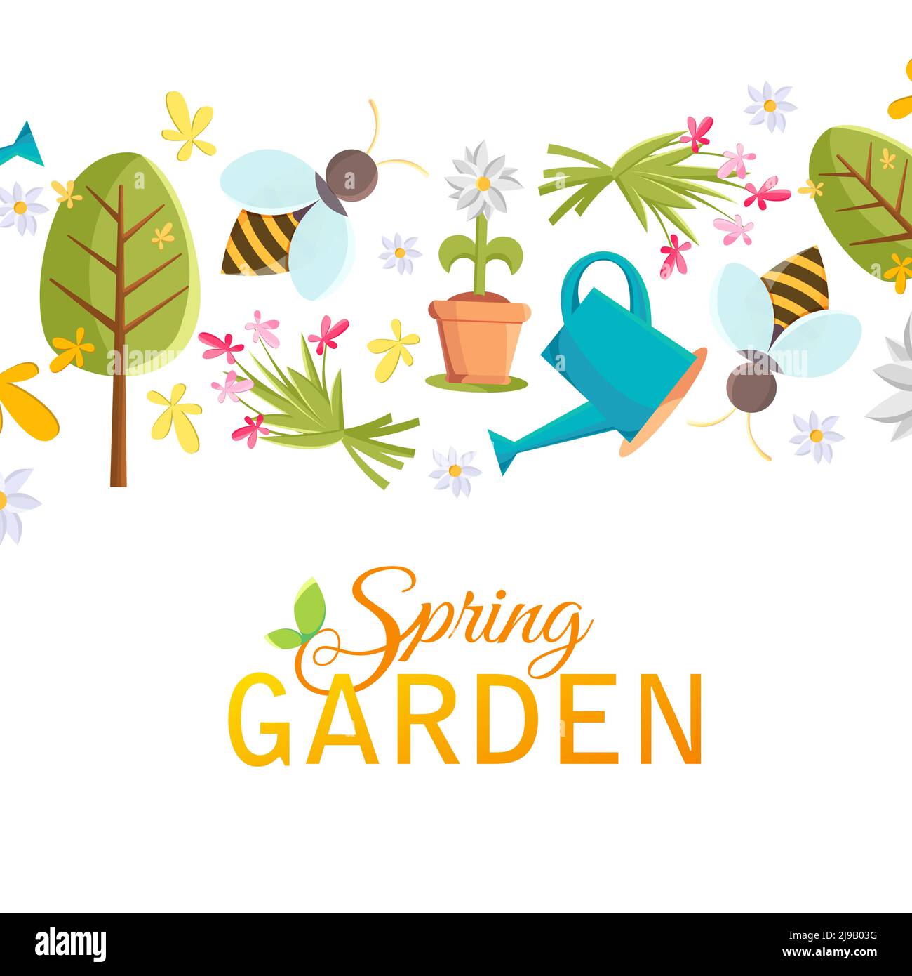 Spring garden design poster with images of tree, pot, bee, watering can ...