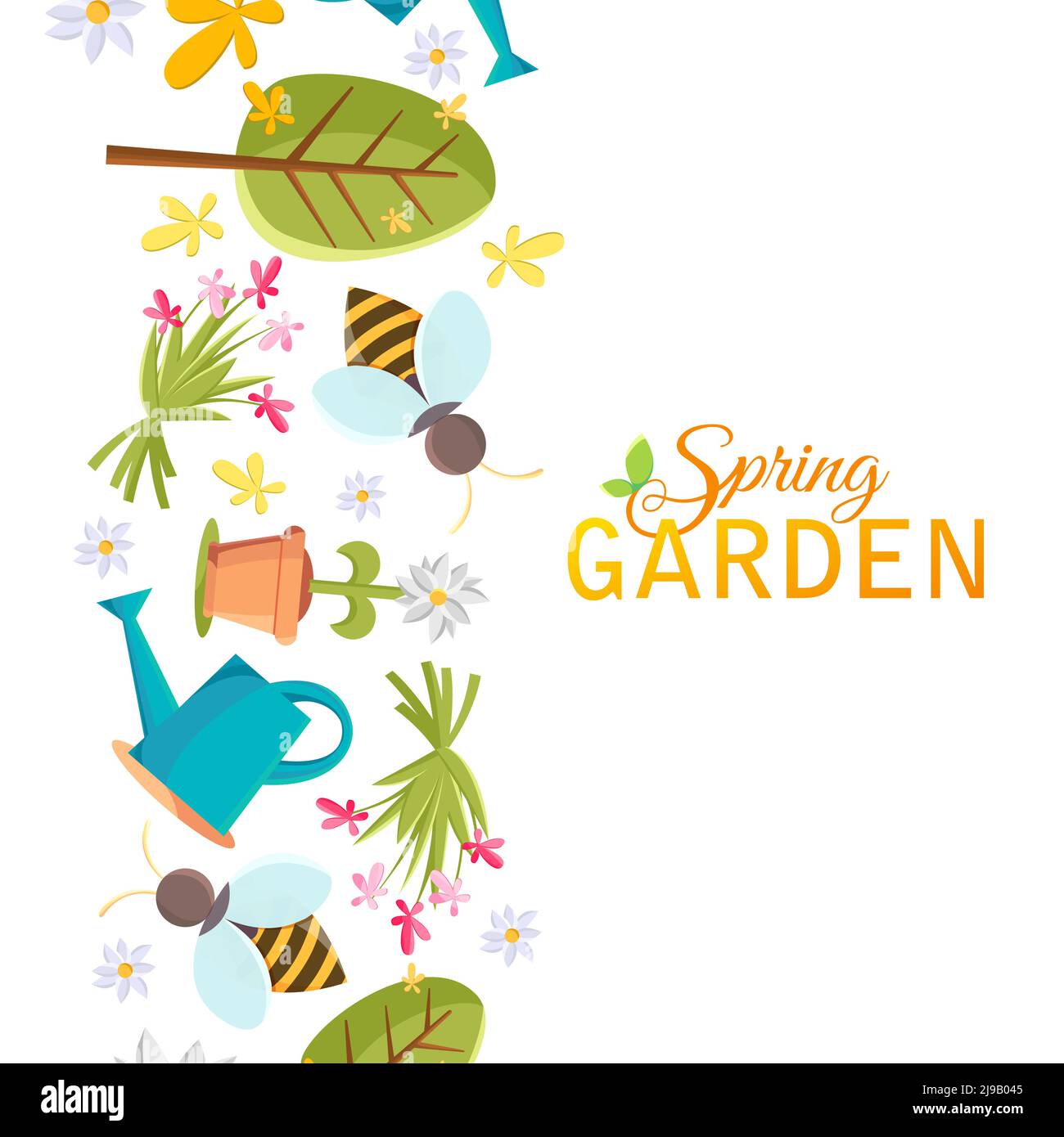 Spring garden design poster with images of tree, pot, bee, watering can ...