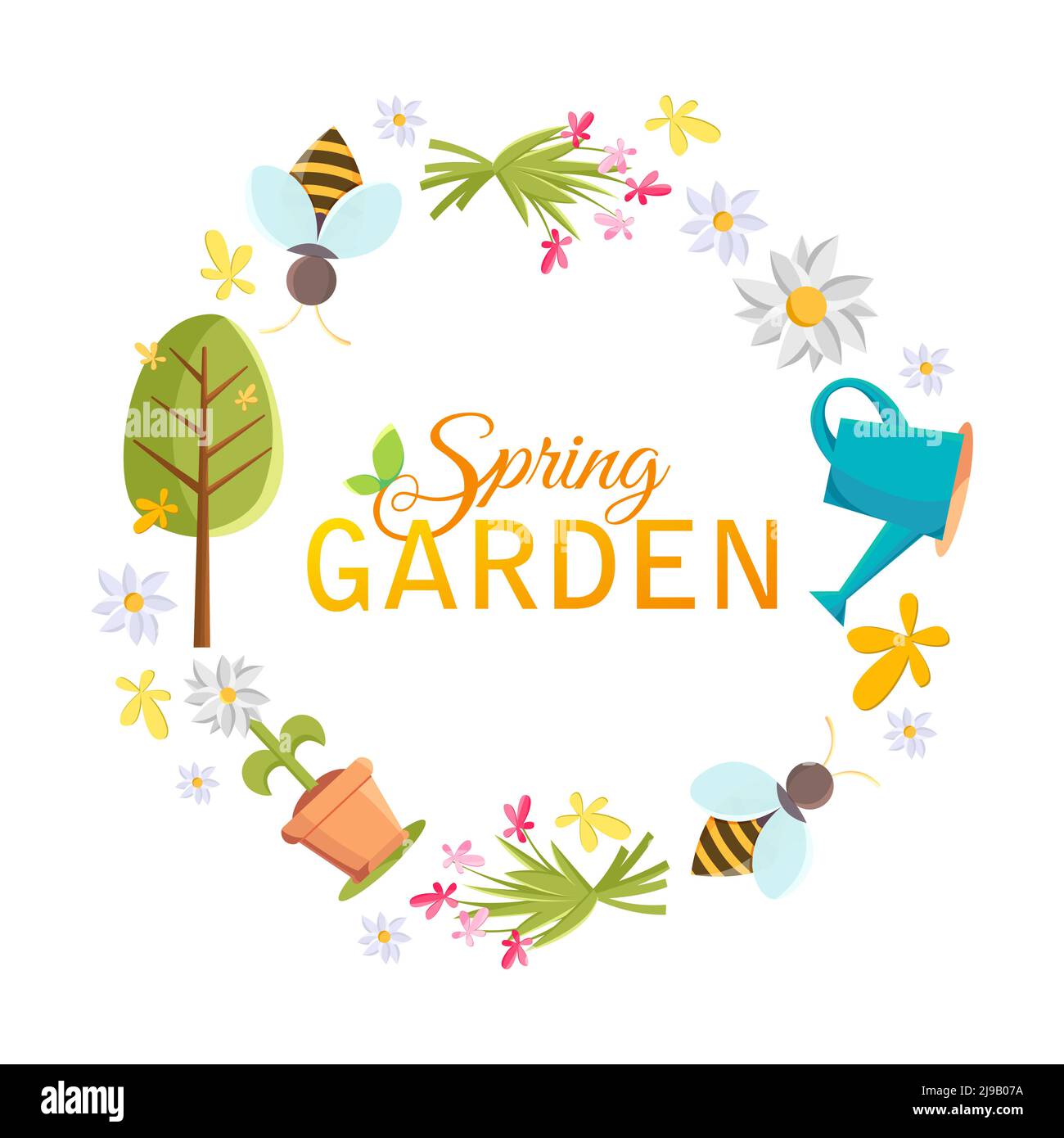 Spring garden design circle frame with images of tree, pot, bee ...
