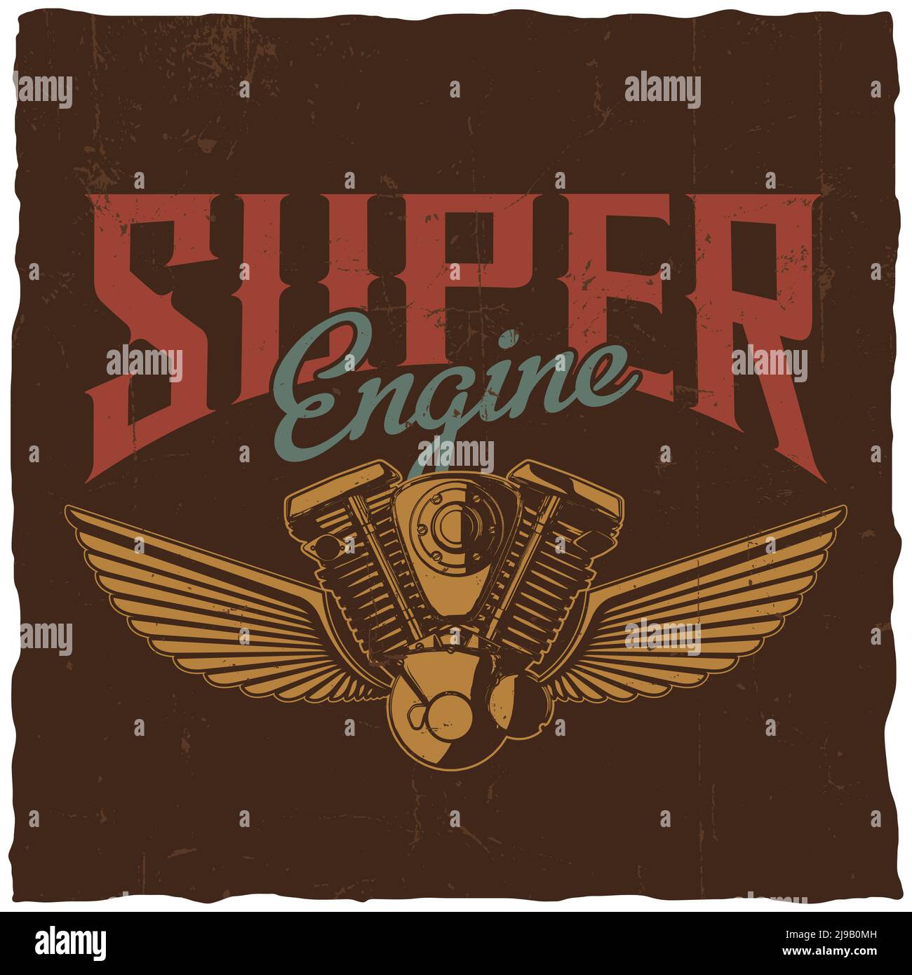 Super engine poster with hand drawn motorcycle spare part and two wings ...