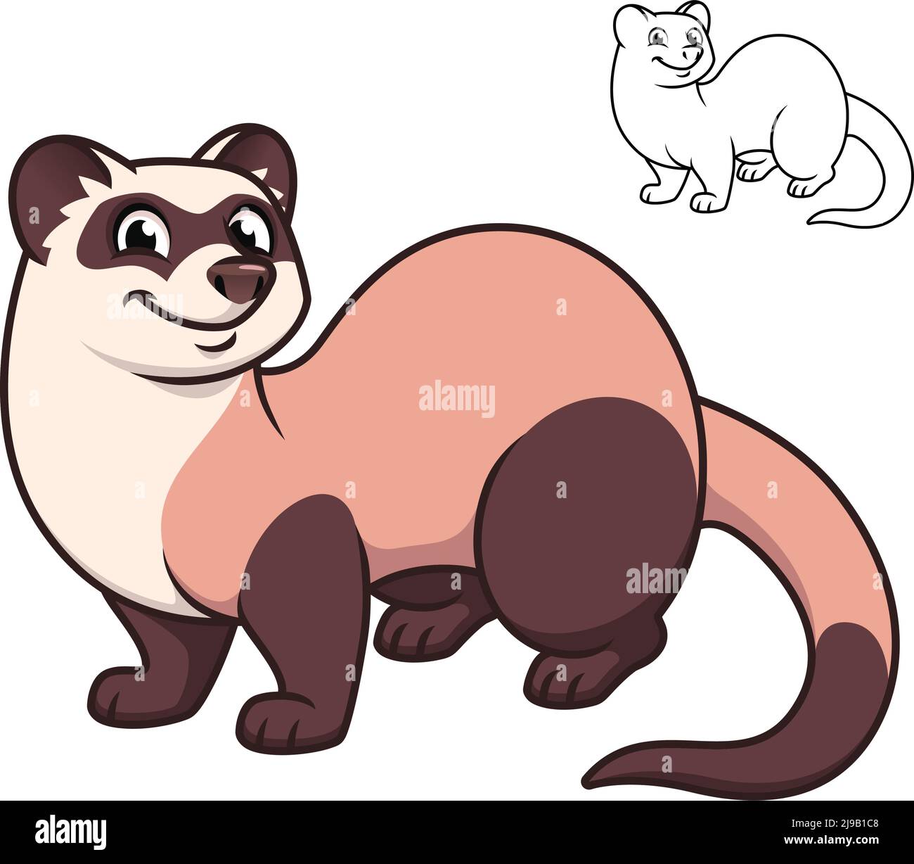 Cute Happy Ferret with Black and White Line Art Drawing, Mammals ...