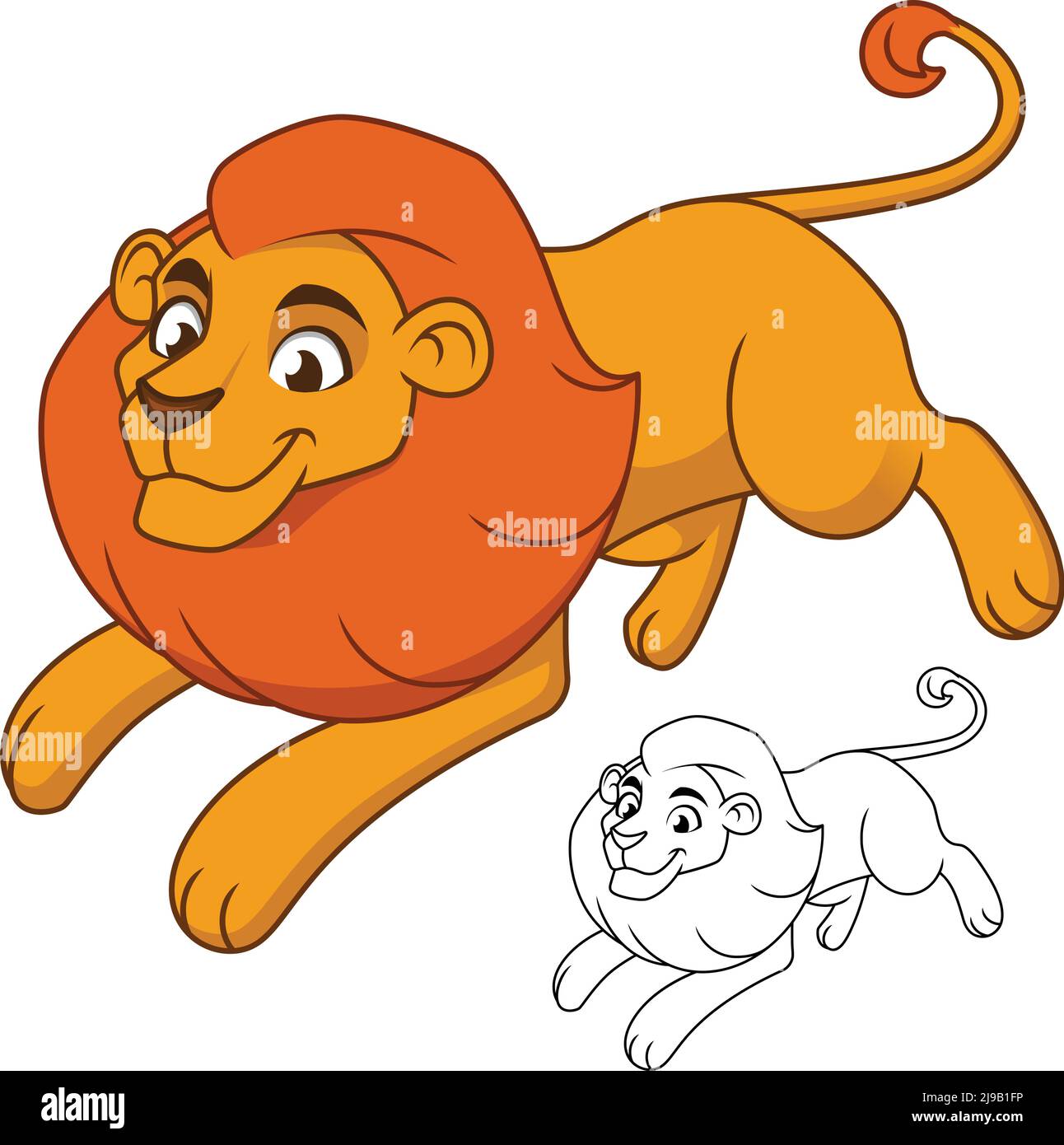 Happy Lion Running and Jumping with Black and White Line Art Drawing ...
