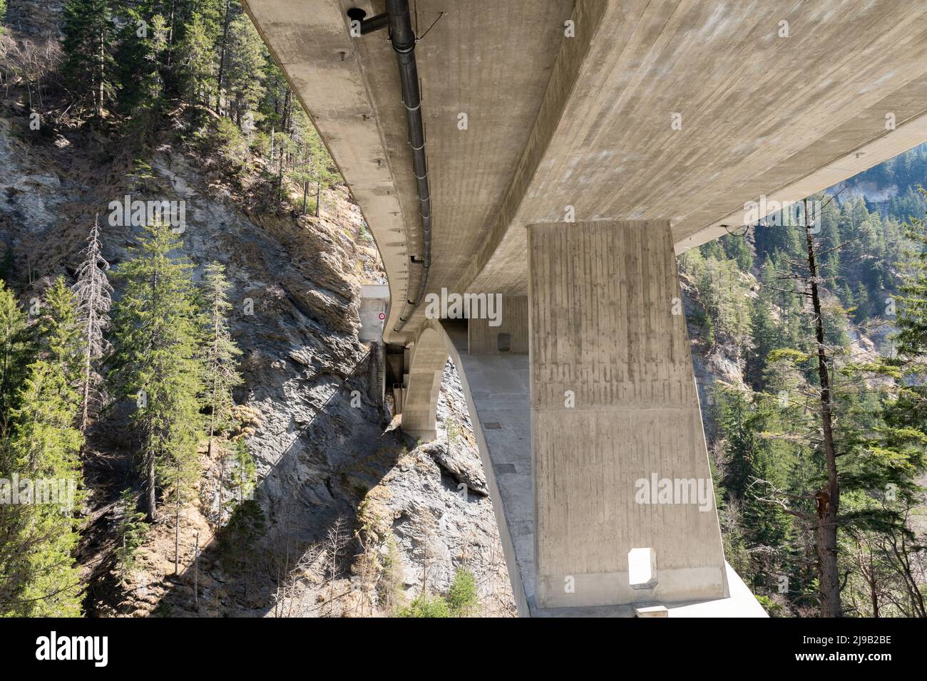 Rania, Grison, Switzerland, April 12, 2022 Below a highway bridge over ...