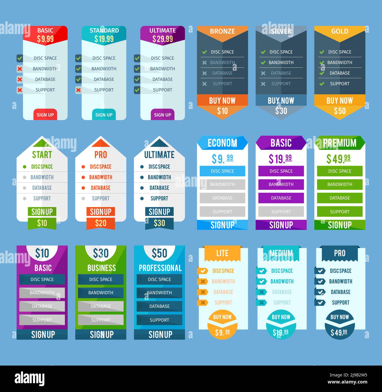Pricing table templates set with basic standard and ultimate on blue ...