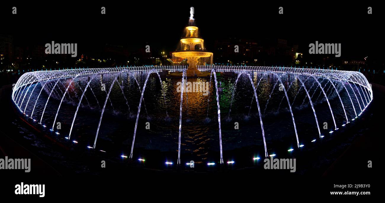 Spectacular water fountain in Unirii Square in Bucharest Romania which ...