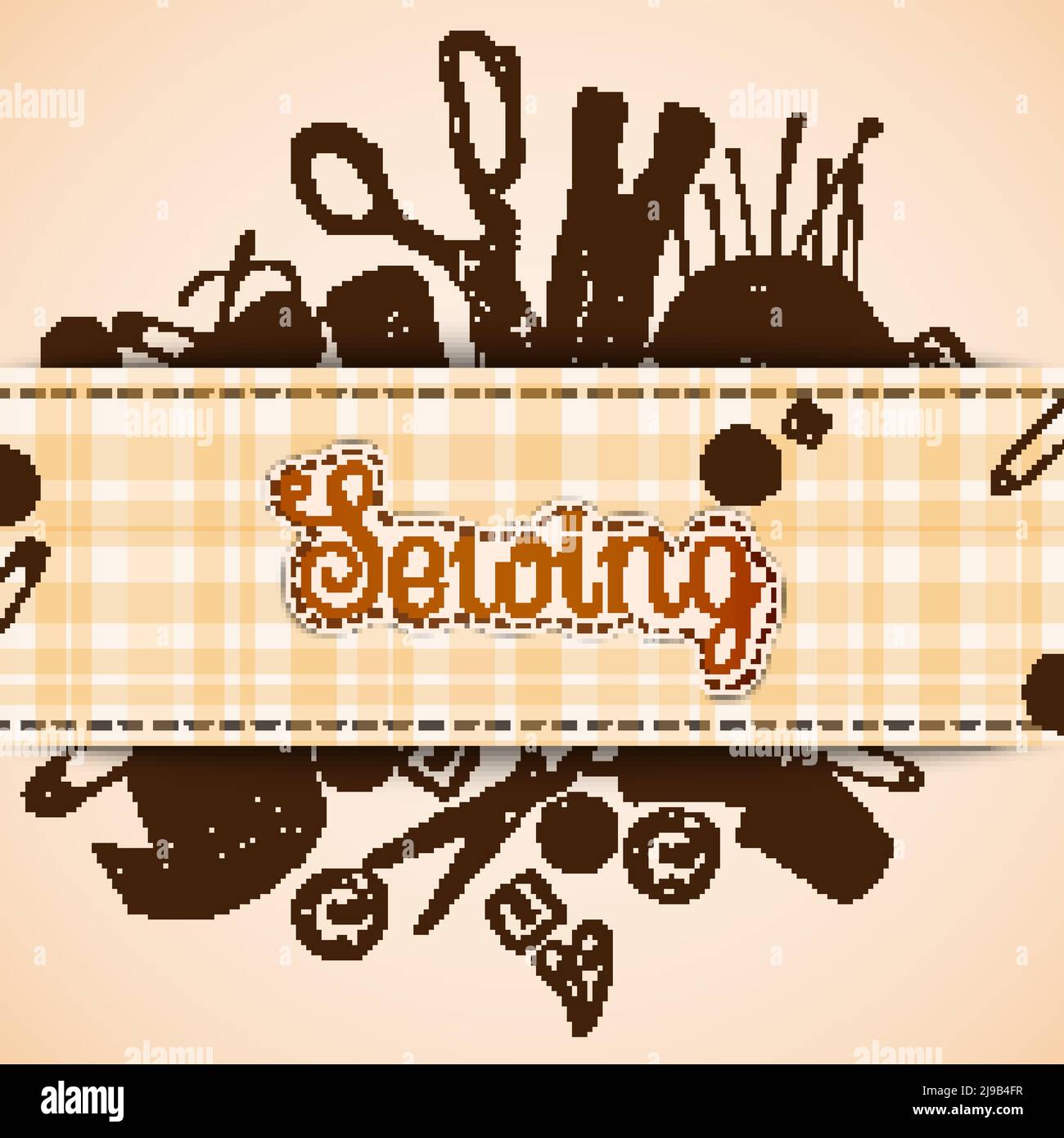 Sewing paper card with dressmaking accessories sketch background vector ...