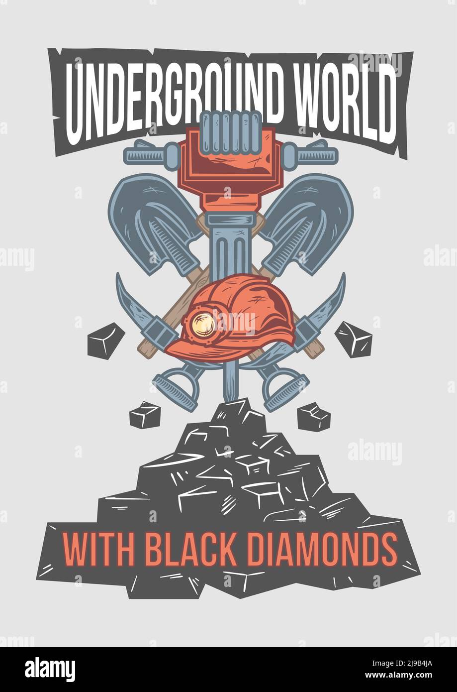 Poster design with illustration of mining shovel and stones Stock ...