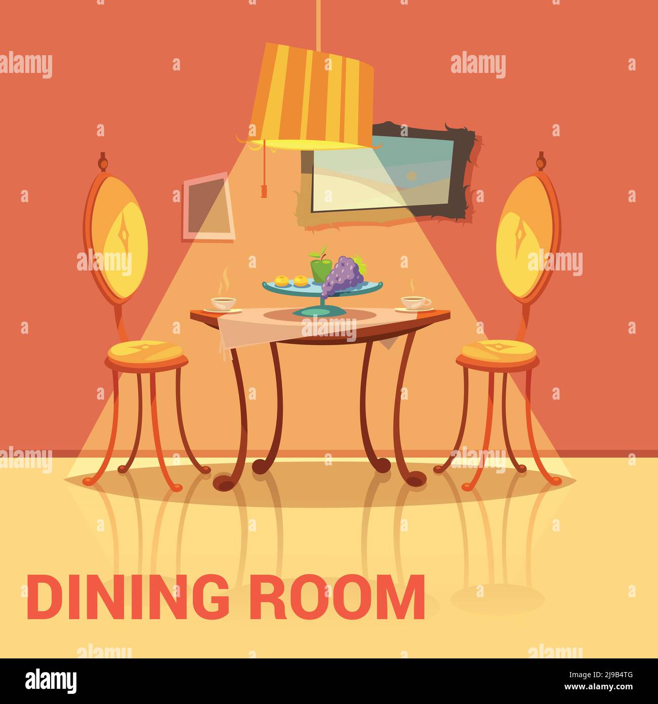 Dining room retro design with table chairs and picture cartoon vector ...