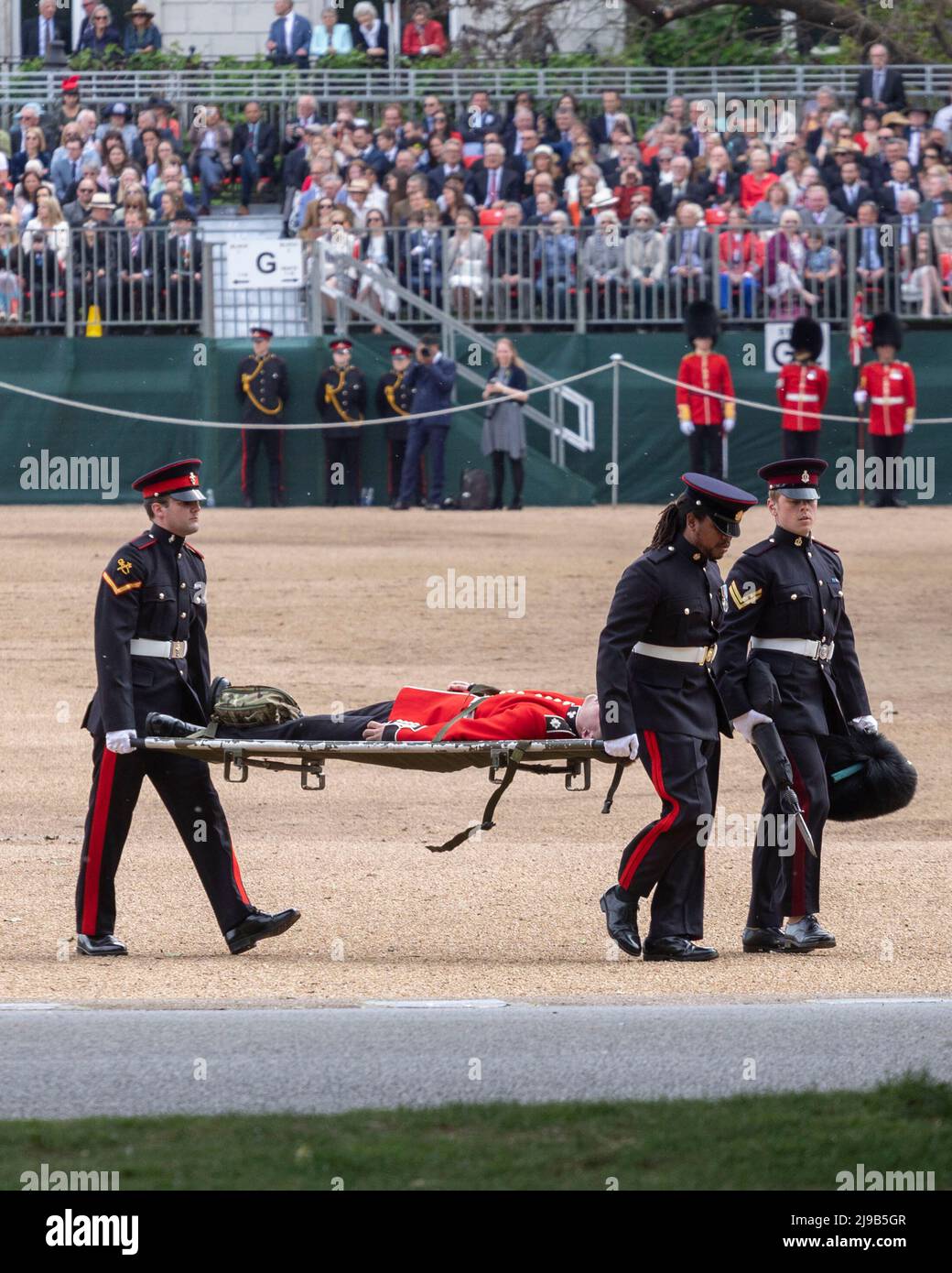 A member of the Irish Guards fainting under the high temperature today ...
