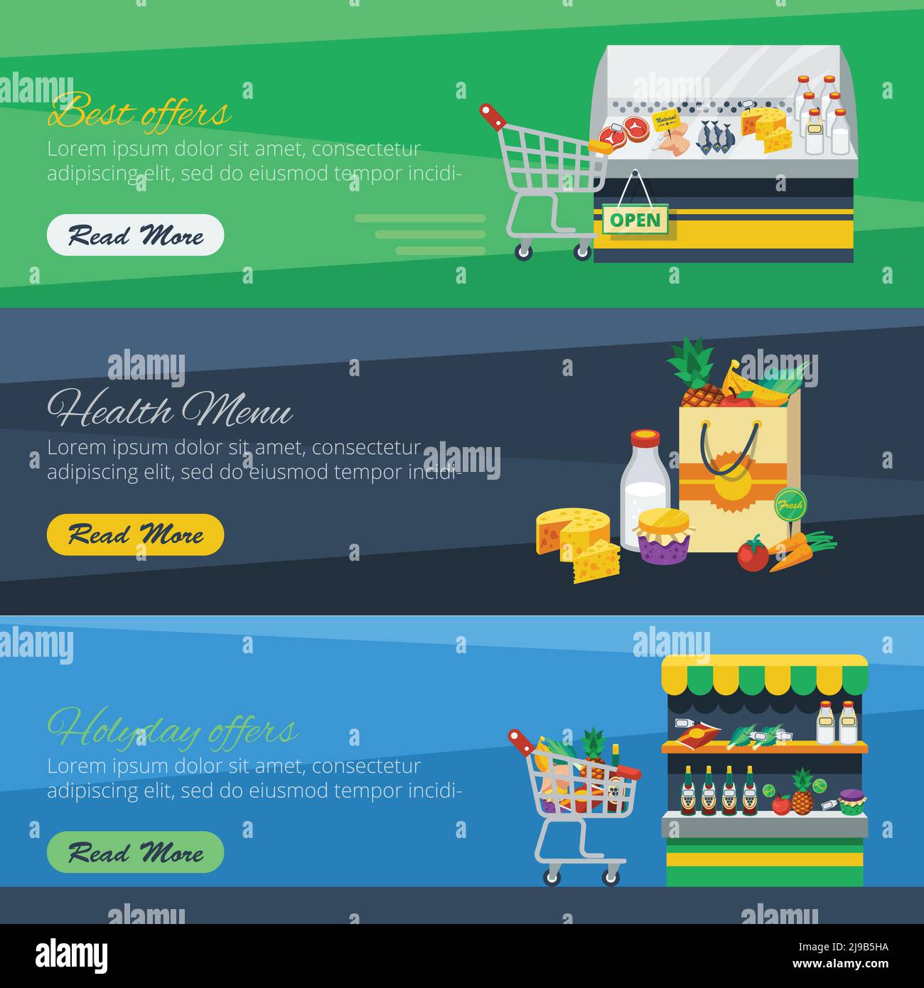 Flat horizontal supermarket banners set of counter with fresh products ...