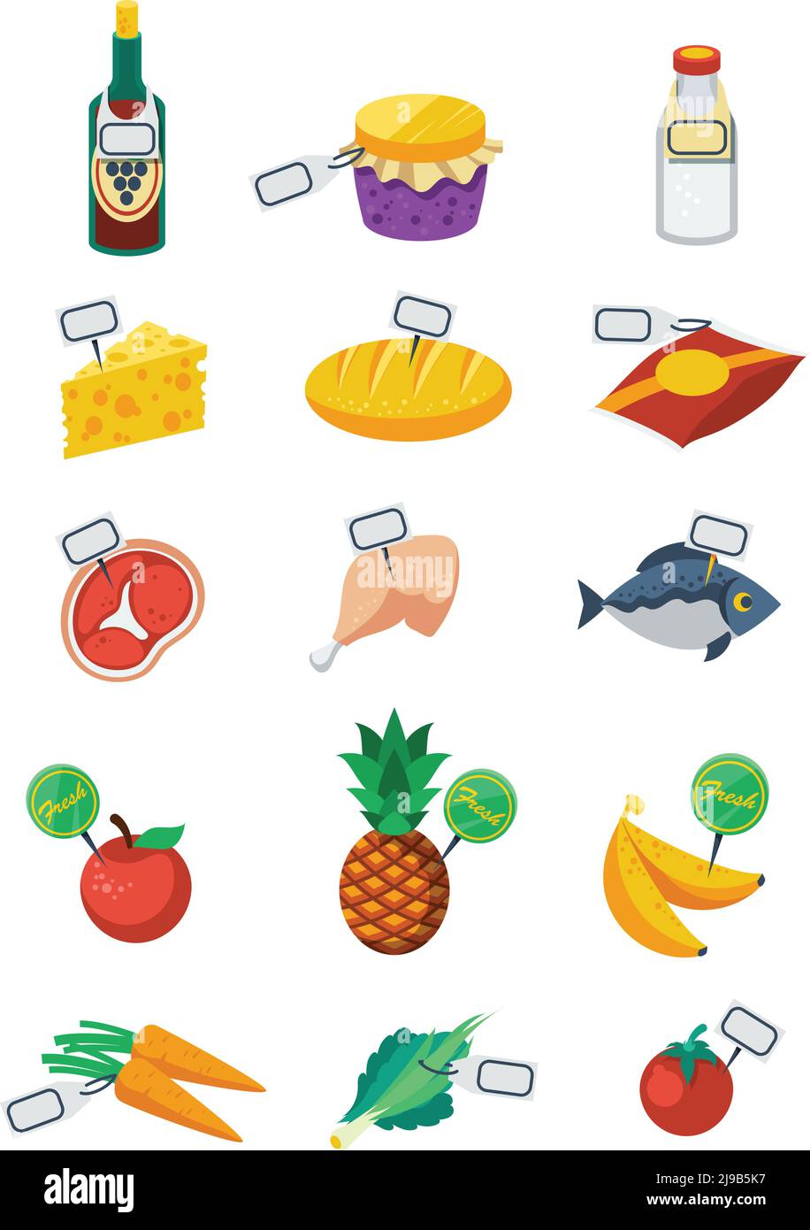 Supermarket flat color decorative icons set of food products and price ...