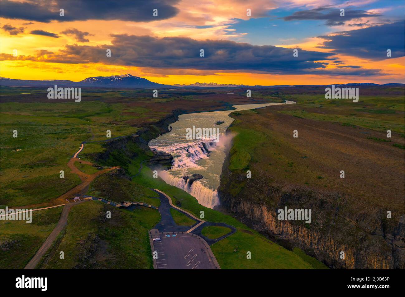 Aerial view of sunset over Gullfoss waterfall and the Olfusa river in ...