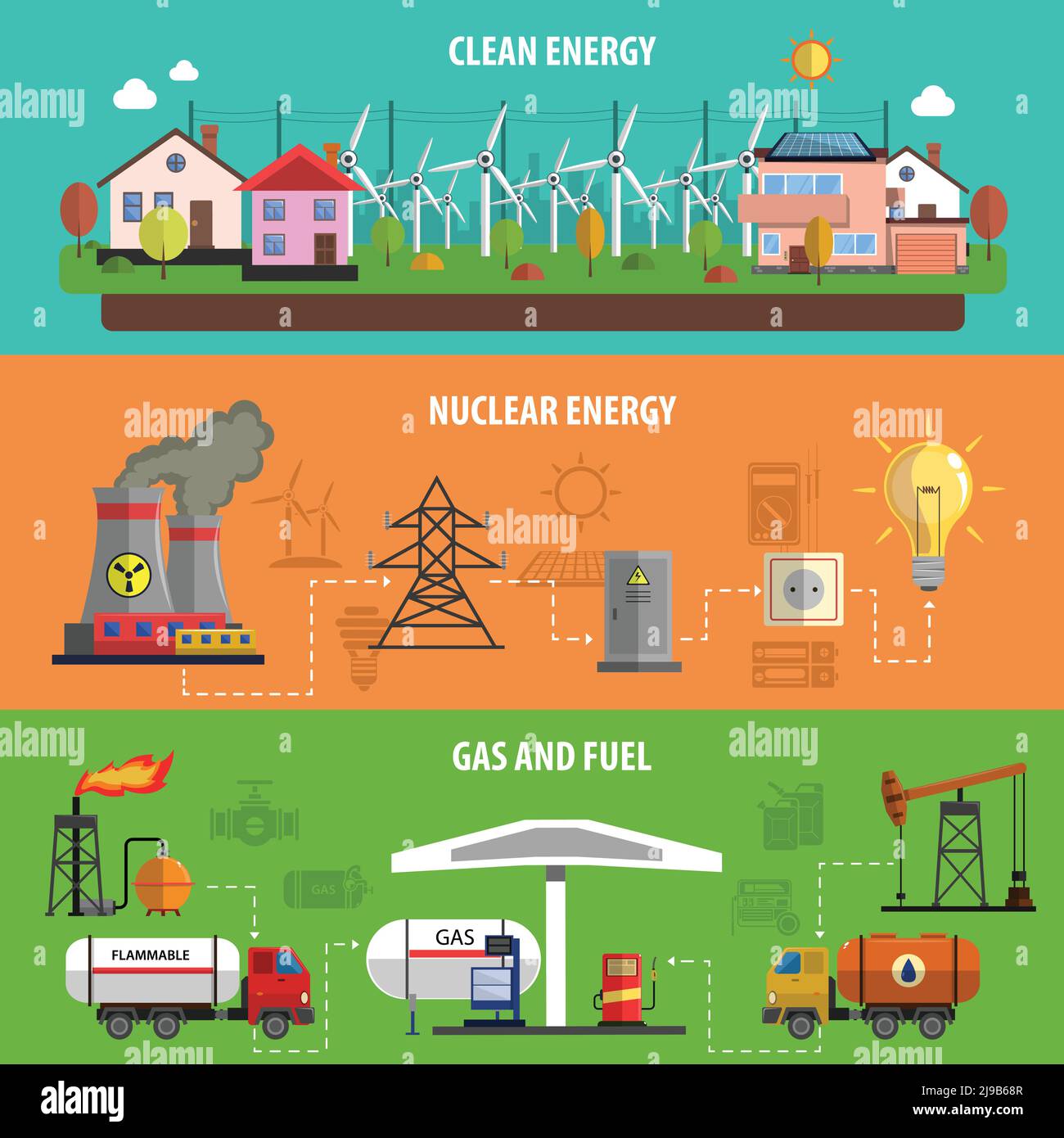 Power and energy horizontal banners set with gas and fuel flat isolated ...