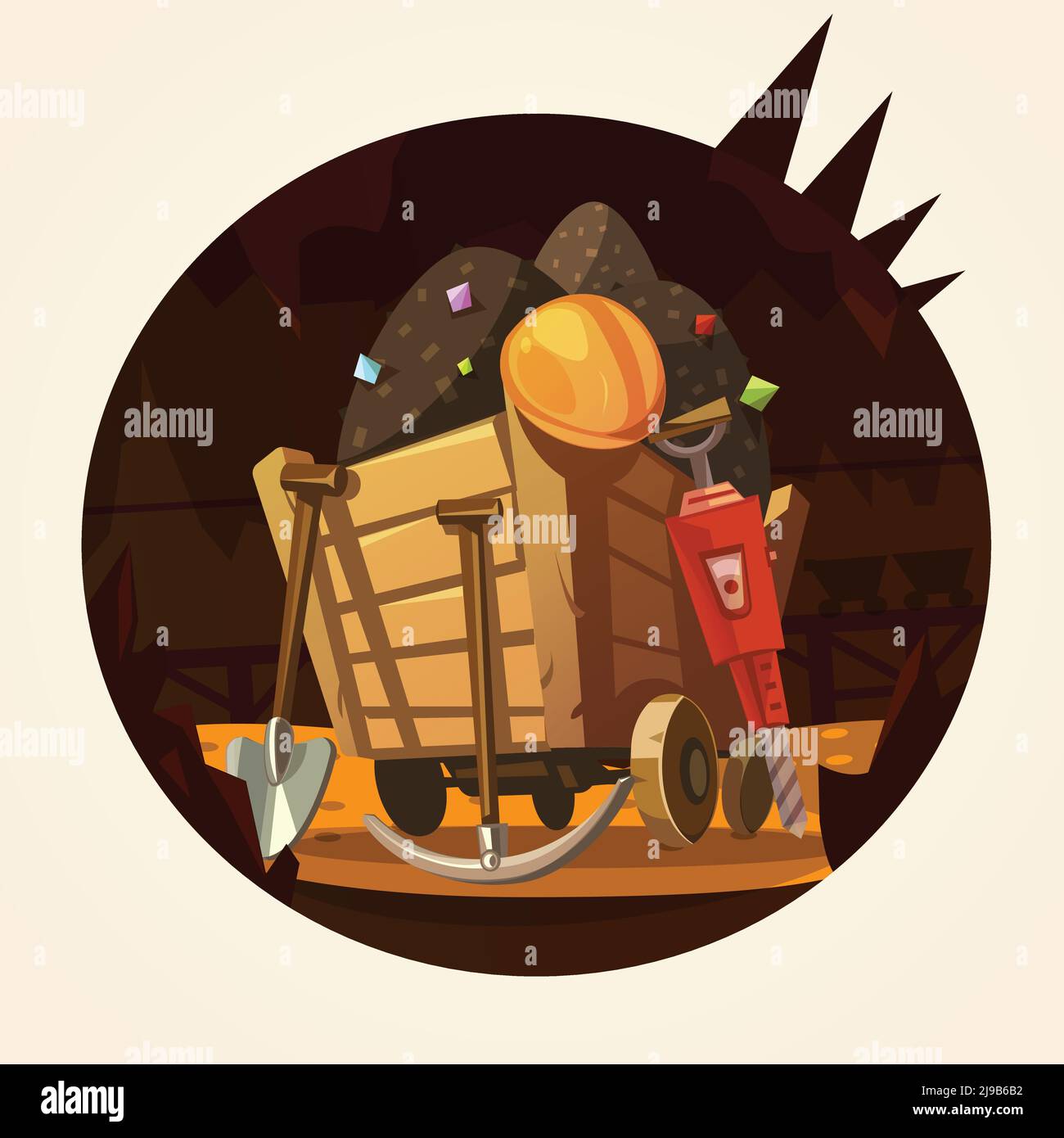 Mining concept with trolley with minerals and working tools retro ...