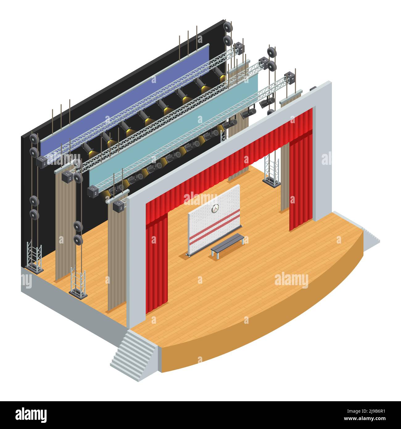Stage for theater scenes with scenery decor elements and loop system for curtains isometric ...