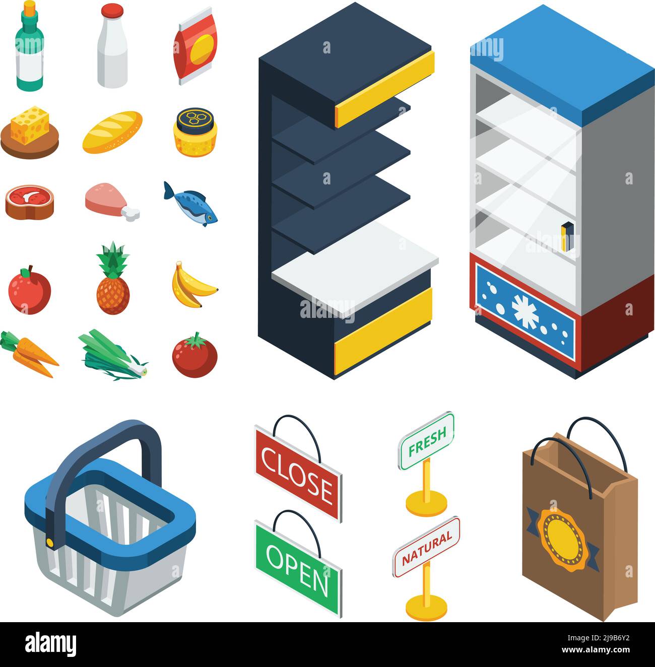 Supermarket isometric icon set with isolated elements of food equipment ...