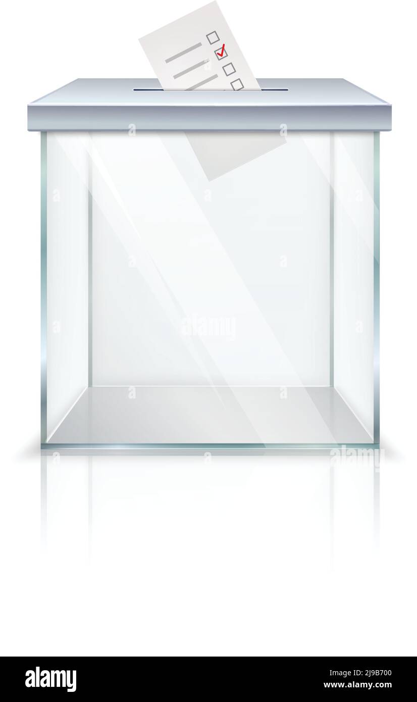 Realistic empty transparent ballot box with marked ballot in hole on ...