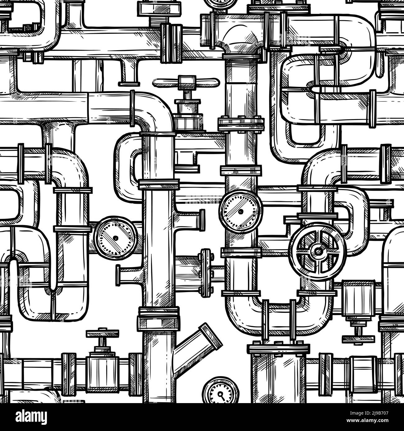 Sketch monochrome seamless pattern with pipes system doodle vector ...