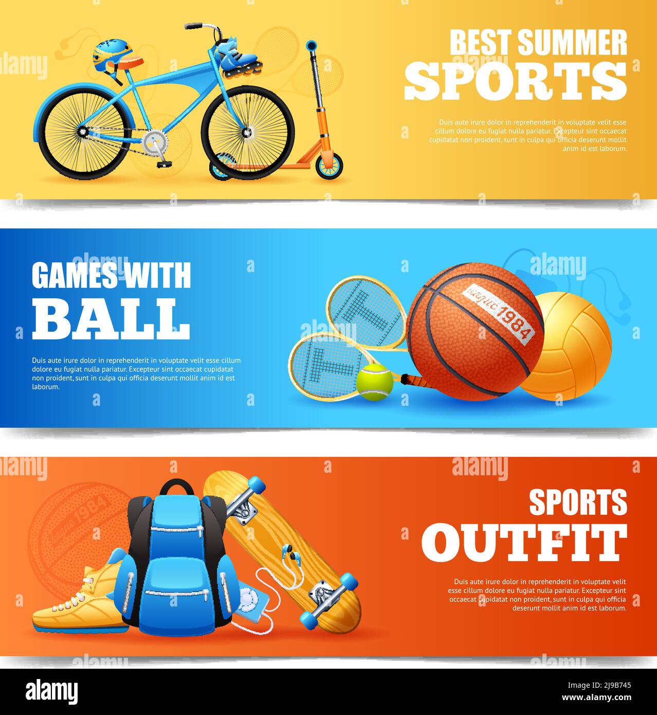 Summer sports cartoon horizontal banners set with cycling and ...