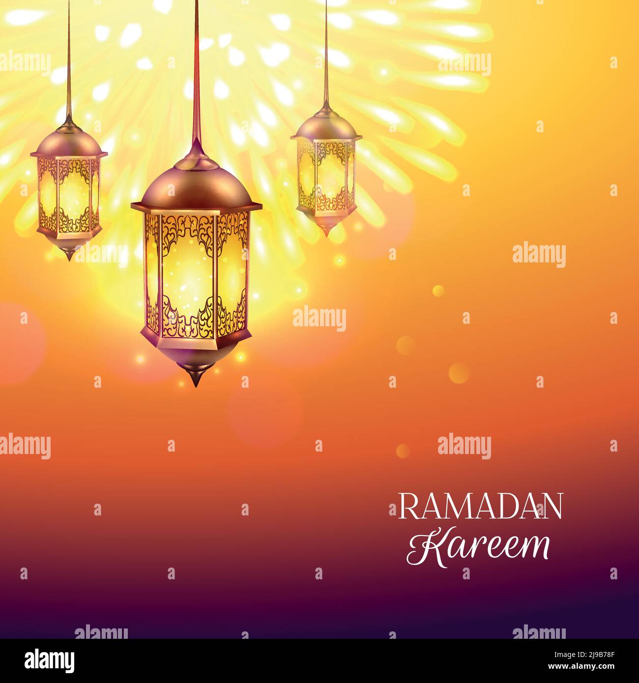 Ramadan colored poster with burning lights on background golden lamp ...