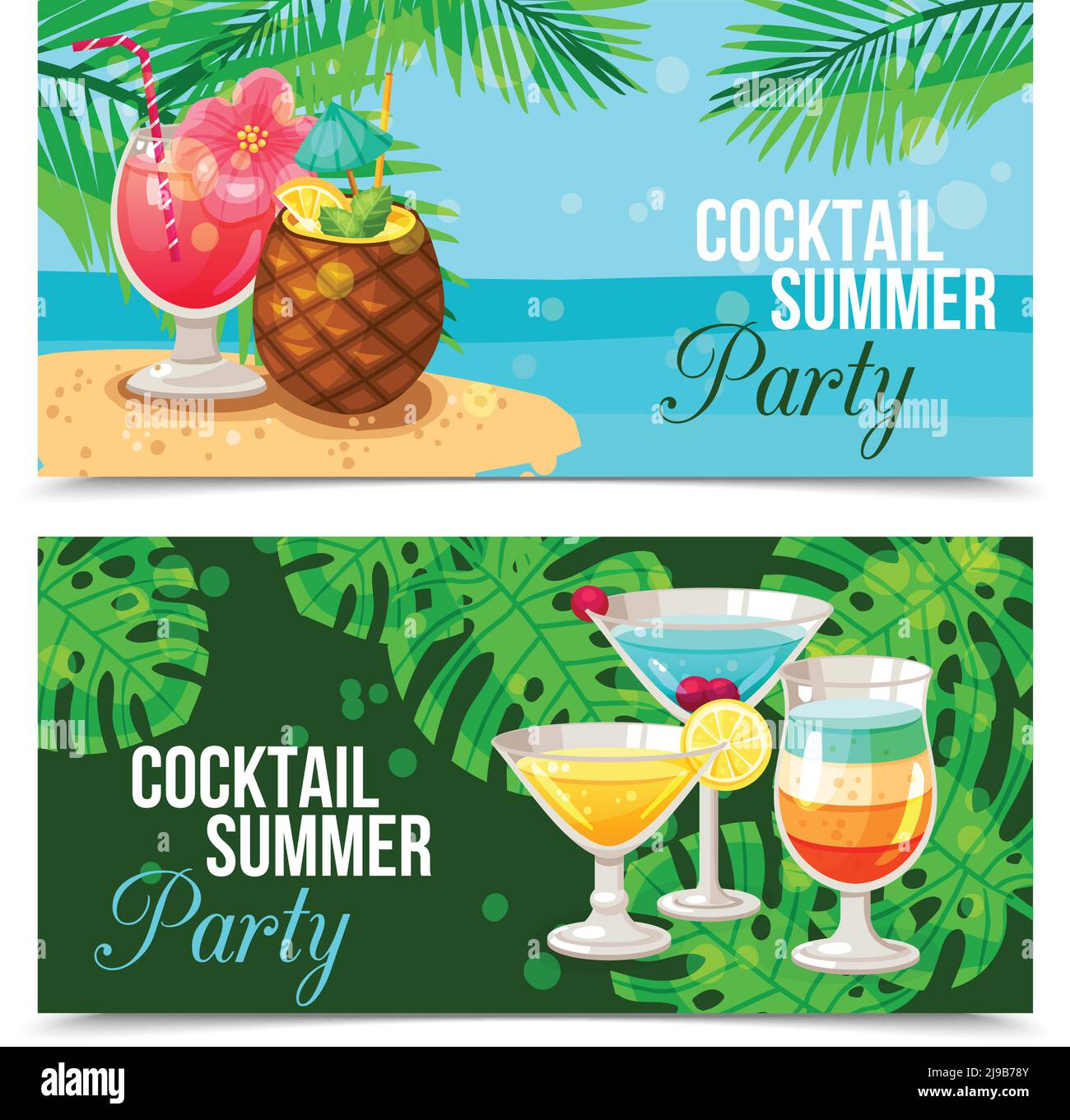 Horizontal banners presenting cocktail summer party different cocktails ...