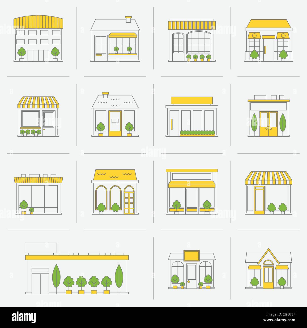 Store shop business buildings flat line icon set isolated vector ...