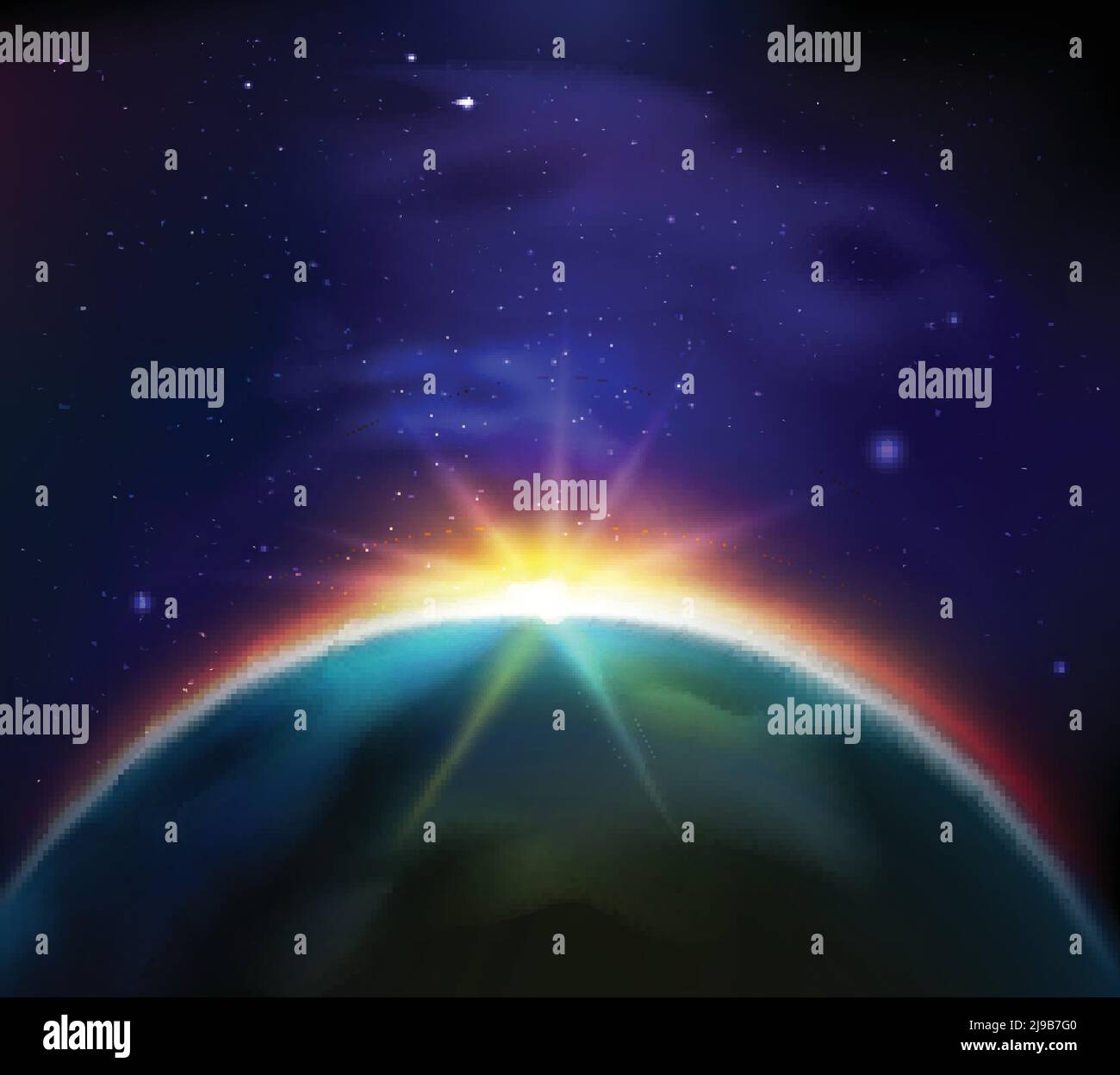 Sunrise in starry dark sky view from space background vector ...