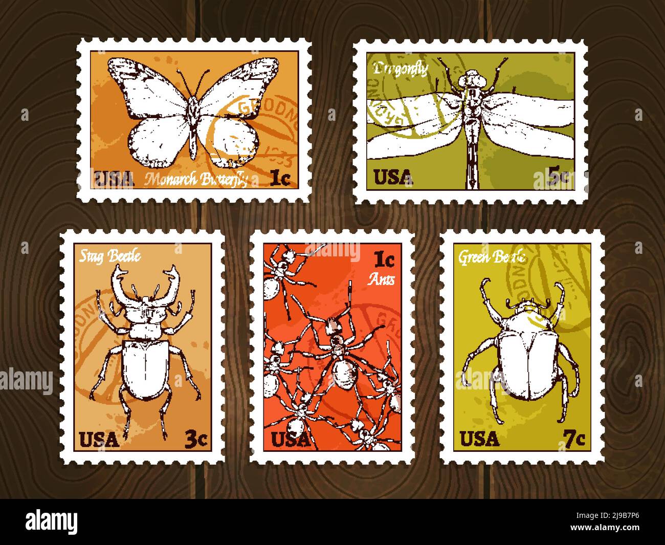 Set of postage stamps with insects drawn in sketch style on wooden ...