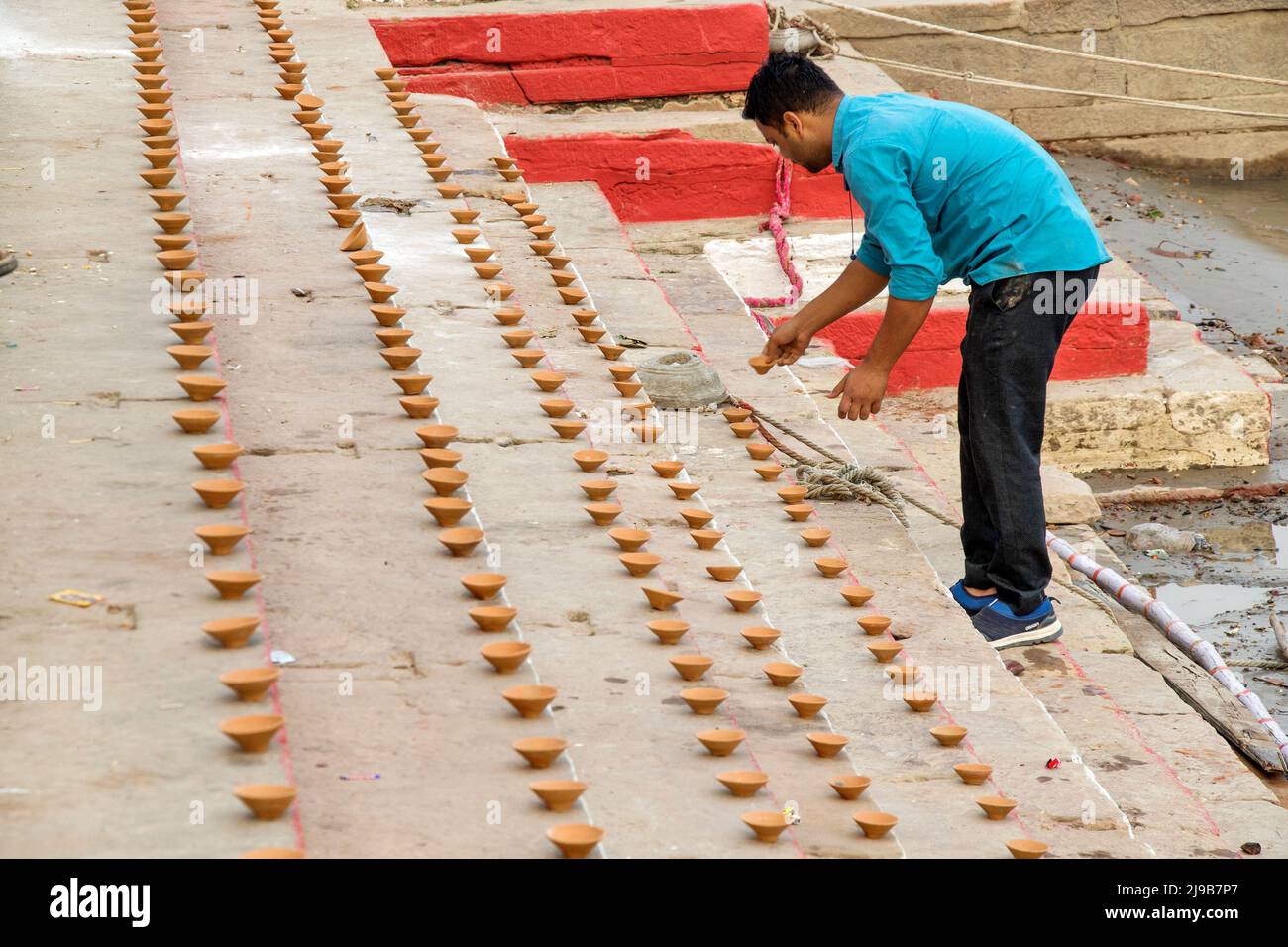 decoration of empty diya or earthen lamp at varanasi india during dev ...