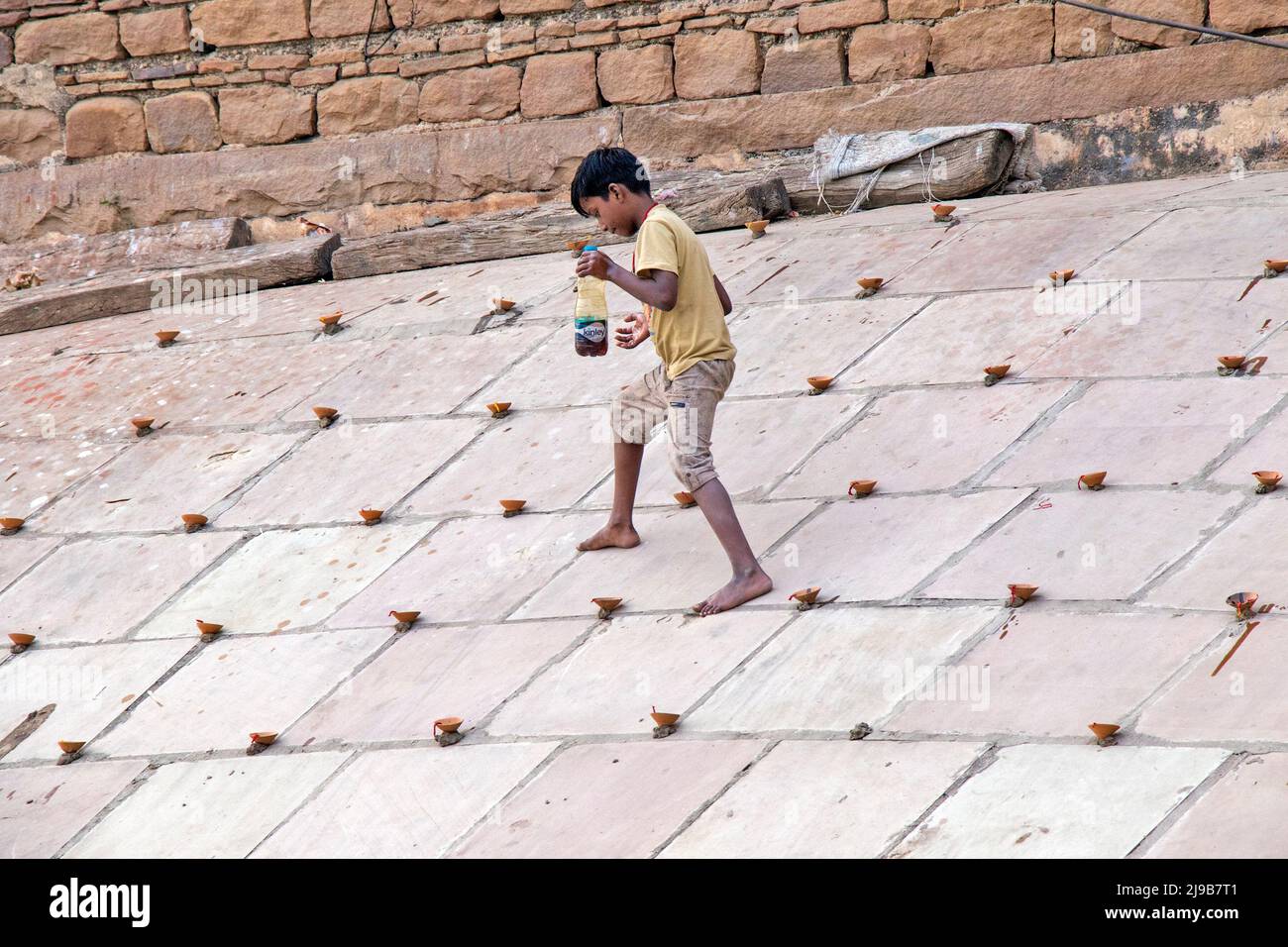 decoration of empty diya or earthen lamp at varanasi india during dev ...