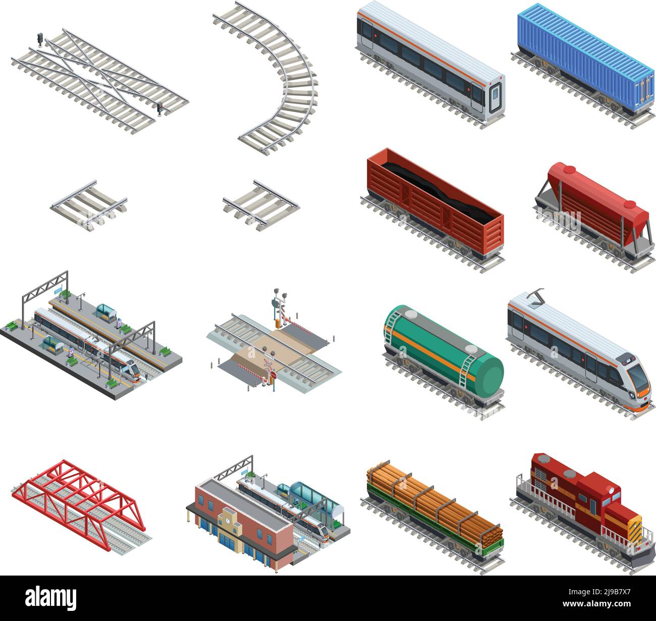 Isometric icons set of different train station elements like rails ...