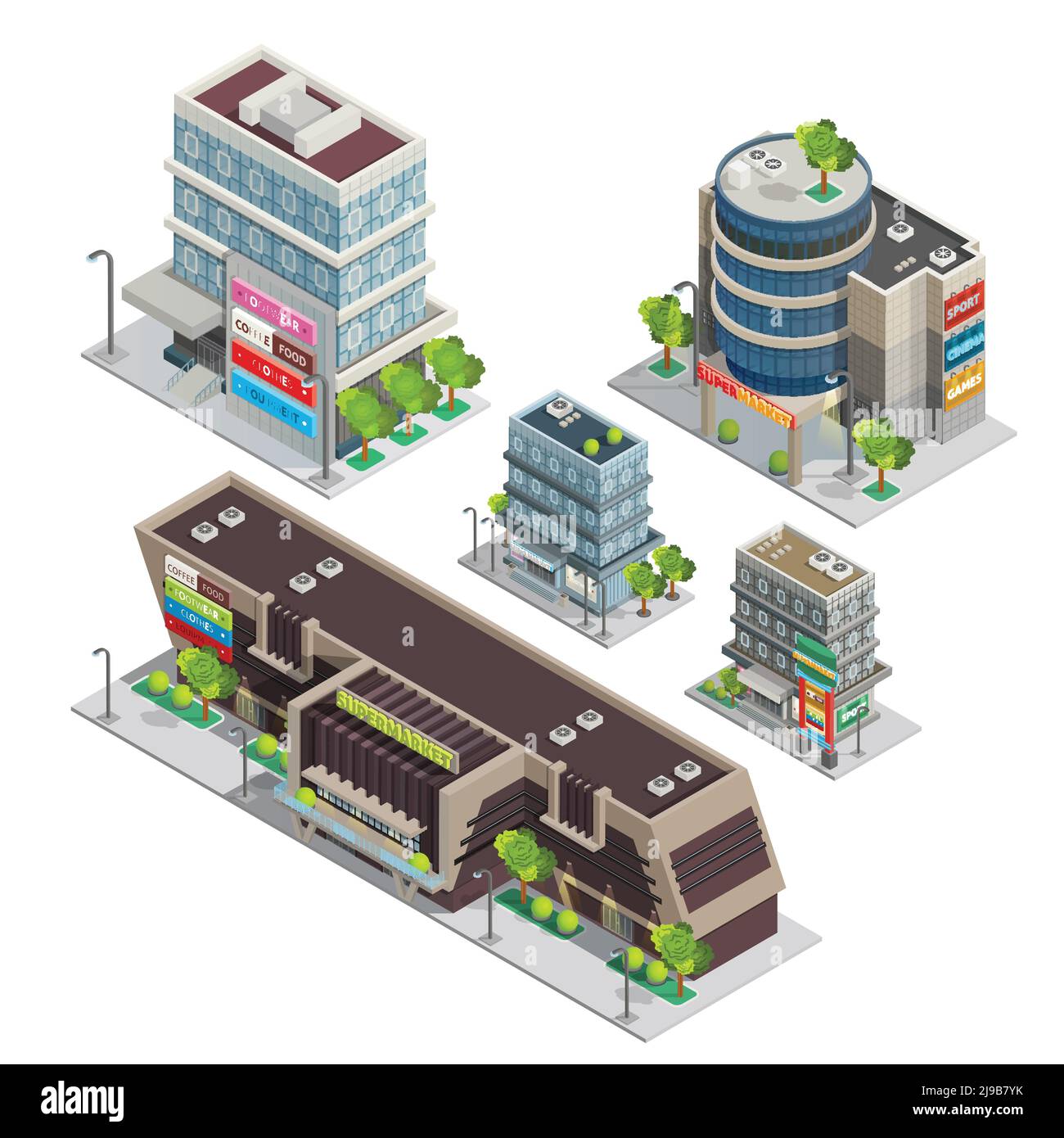 Modern city shopping center complex isometric composition with supermarket and department store ...