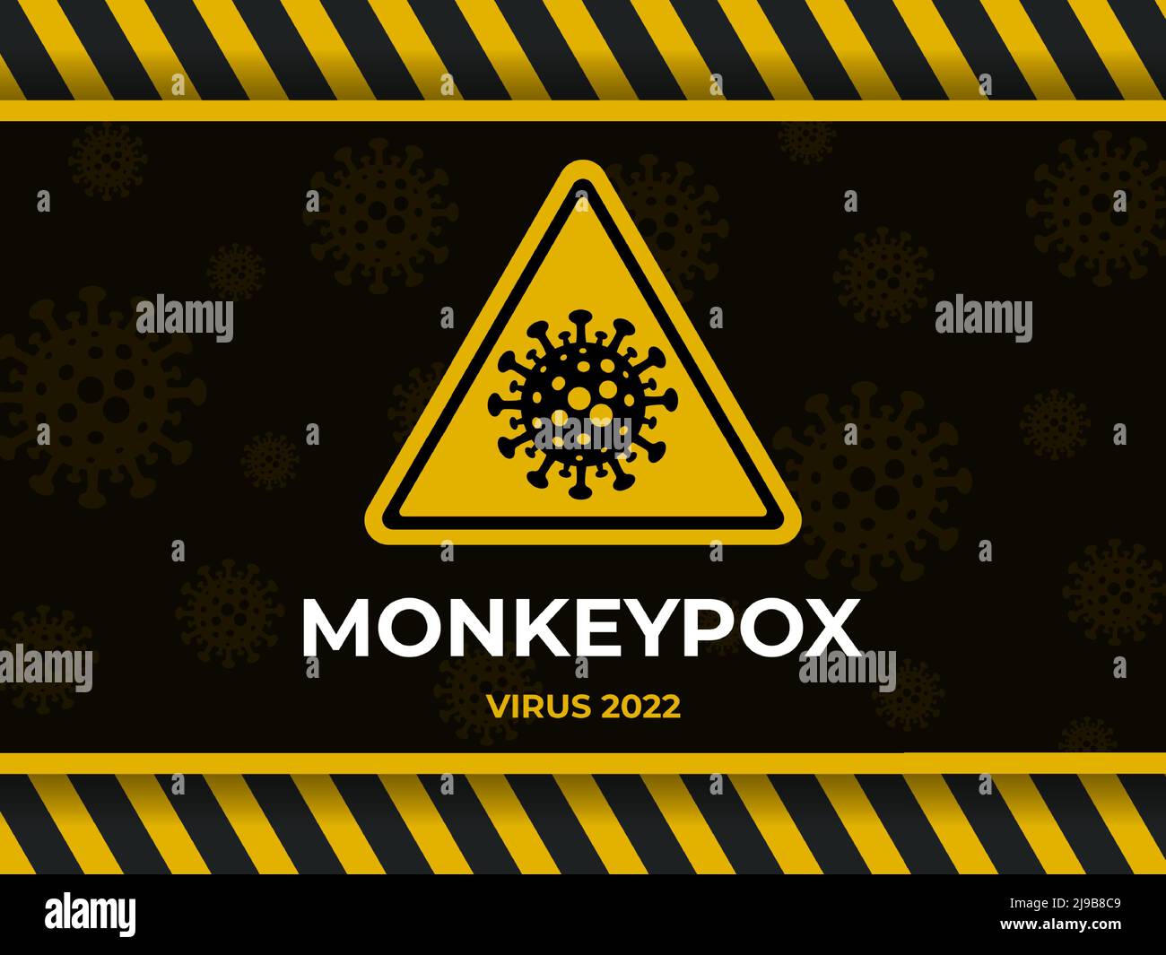 Monkeypox virus cell icon in yellow warning triangle on black ...