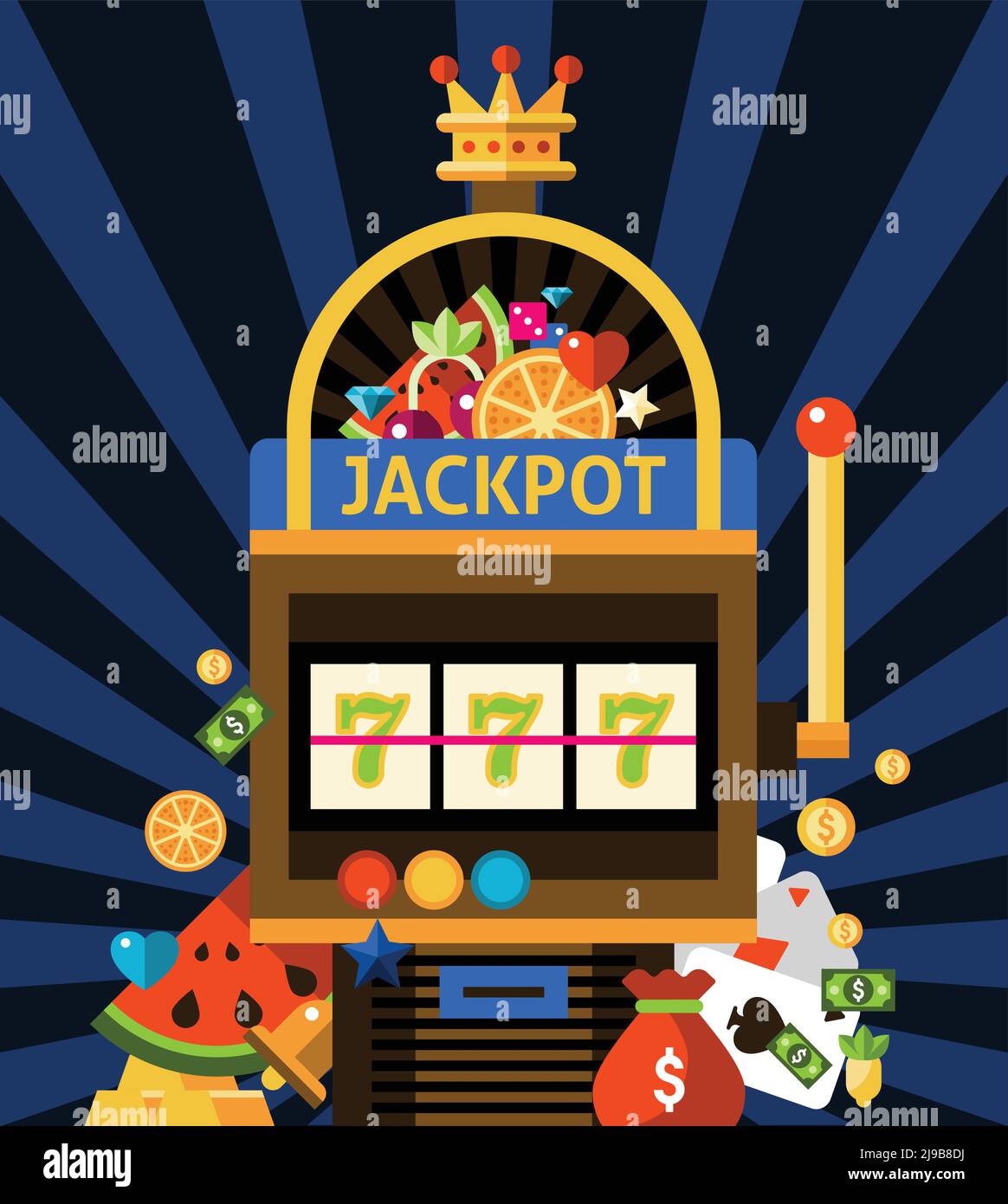 Slot machine concept with jackpot crown and money on dark blue ...