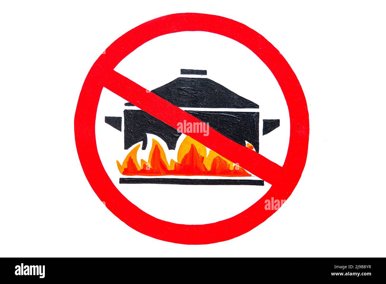 Cooking and open flame prohibition sign isolated on white background ...