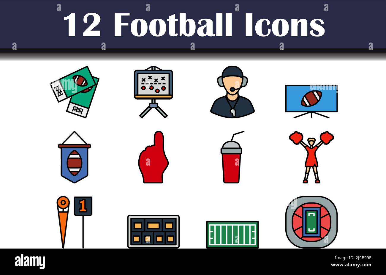 Football Icon Set. Editable Bold Outline With Color Fill Design. Vector ...