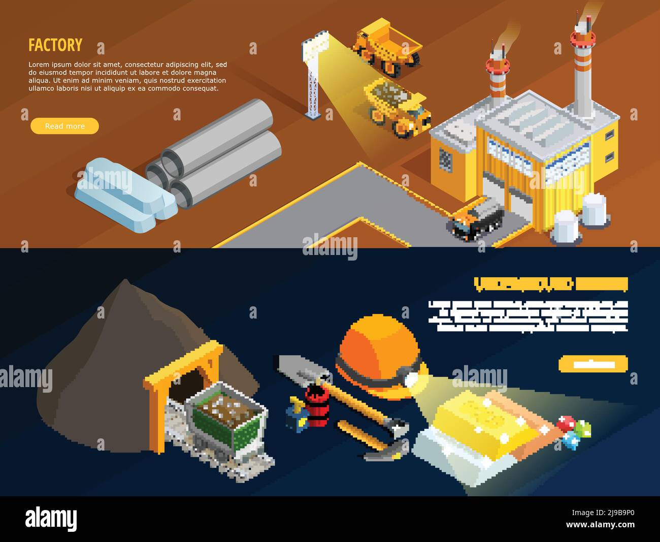 Mining horizontal banners set with underground mining symbols isometric ...