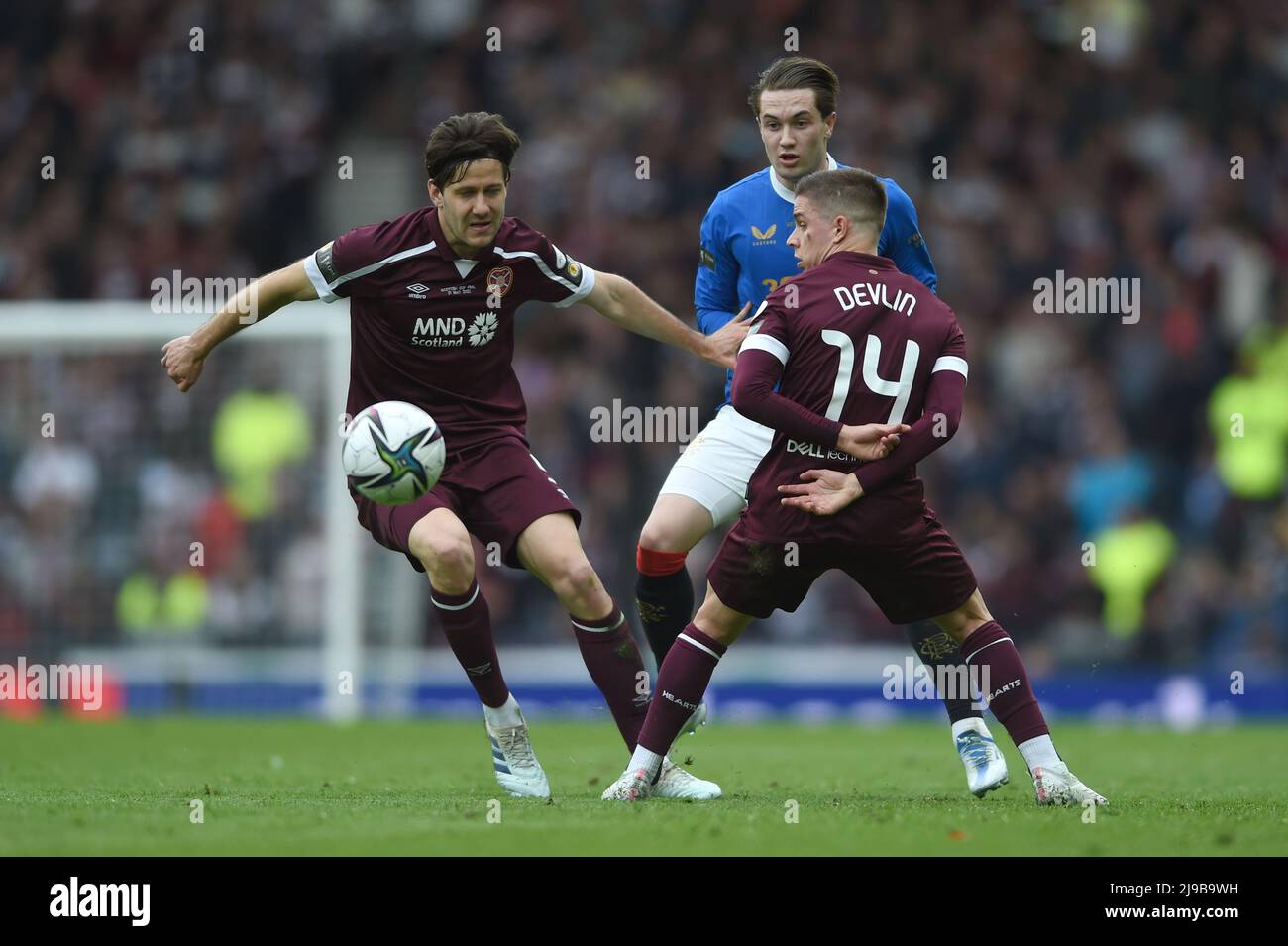 Glasgow, Scotland, 21st May 2022. Peter Haring of Hearts, Scott Wright ...