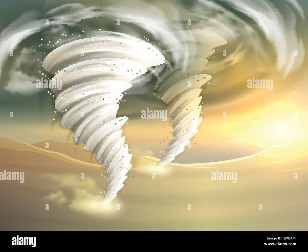 Two realistic tornado swirls with sun and clouds on background vector ...