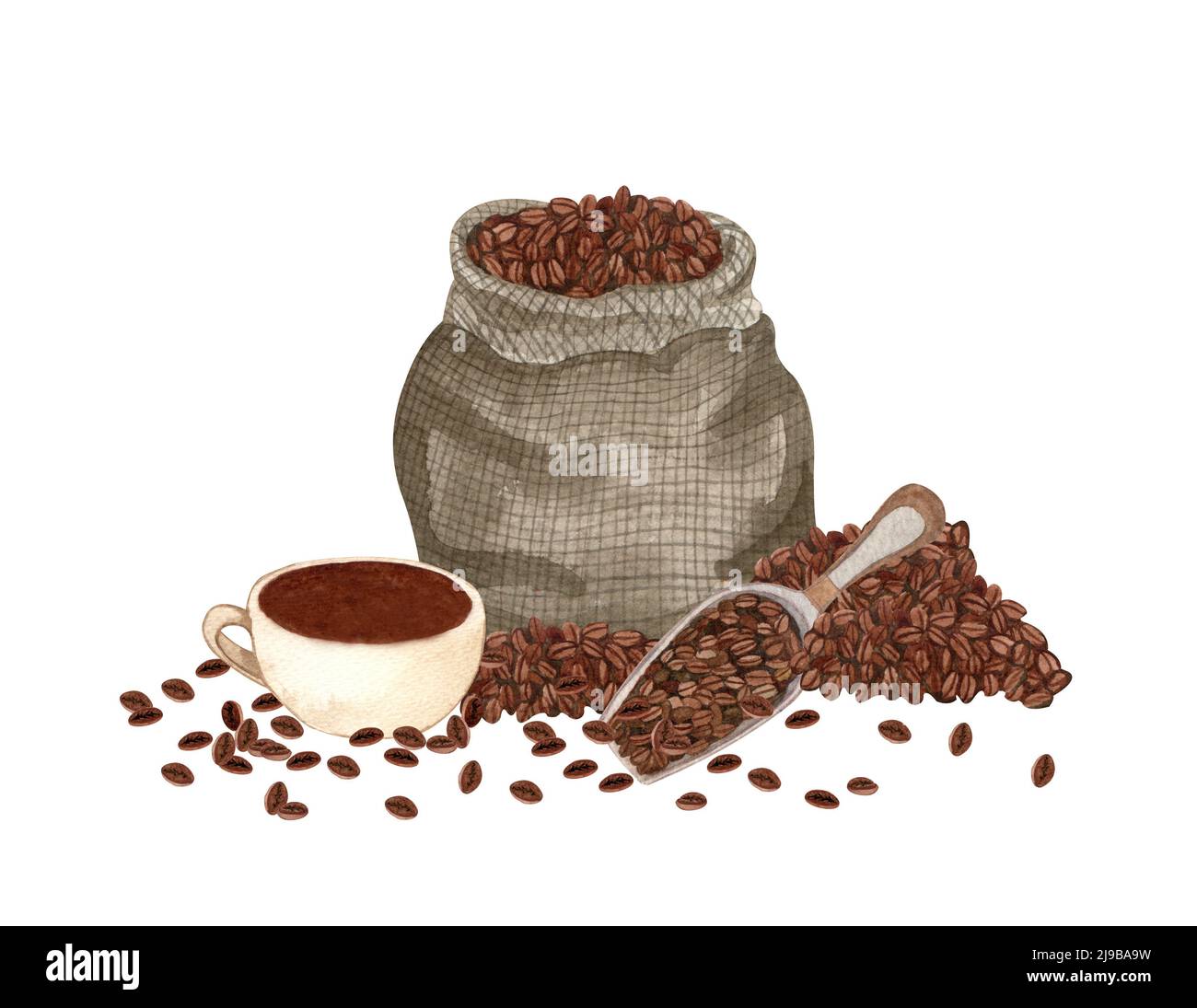 Watercolor illustration of coffee beans in a bag, a cup of espresso ...