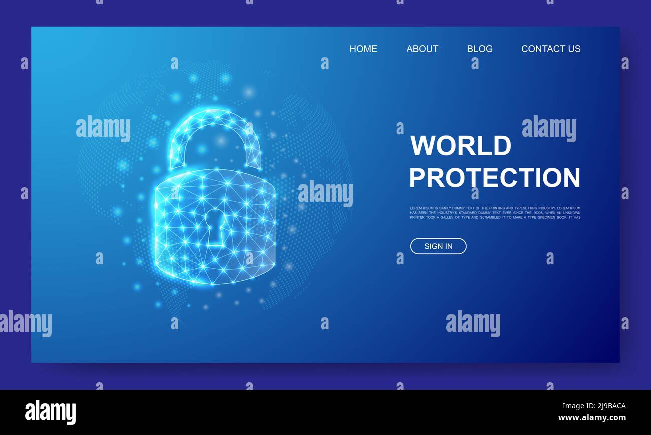 Lock 3d low poly website template. Antivirus design illustration ...