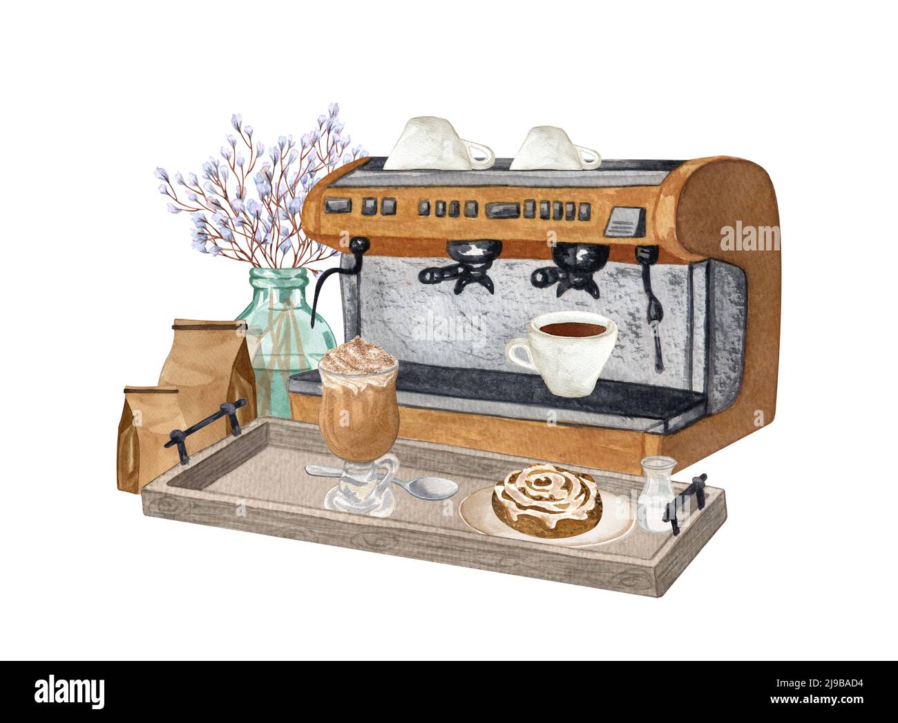 Watercolor illustration of coffee machine, cappuccino, cinnamon bun ...