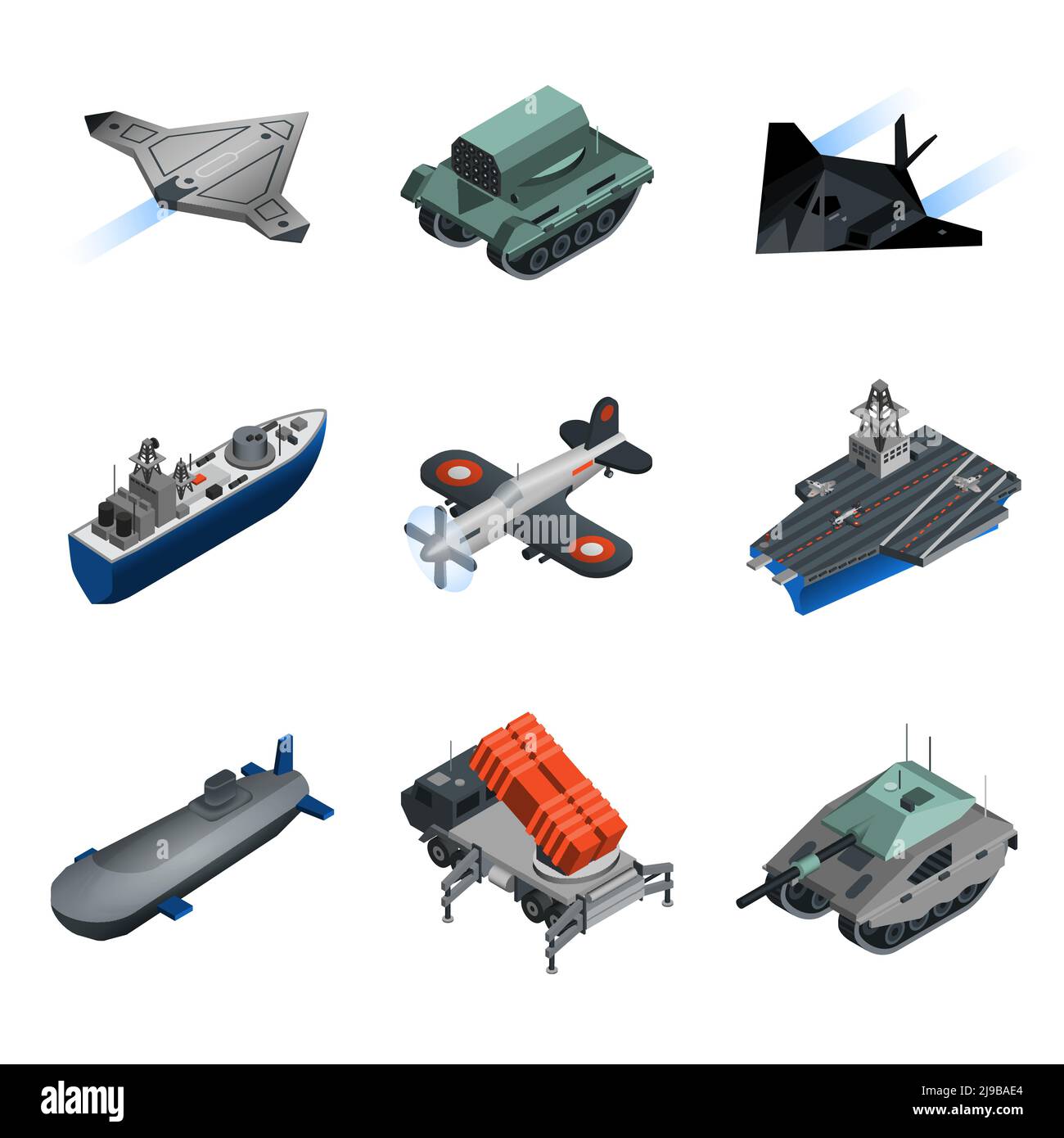 Military equipment isometric icons set with submarine fighter aircraft ...