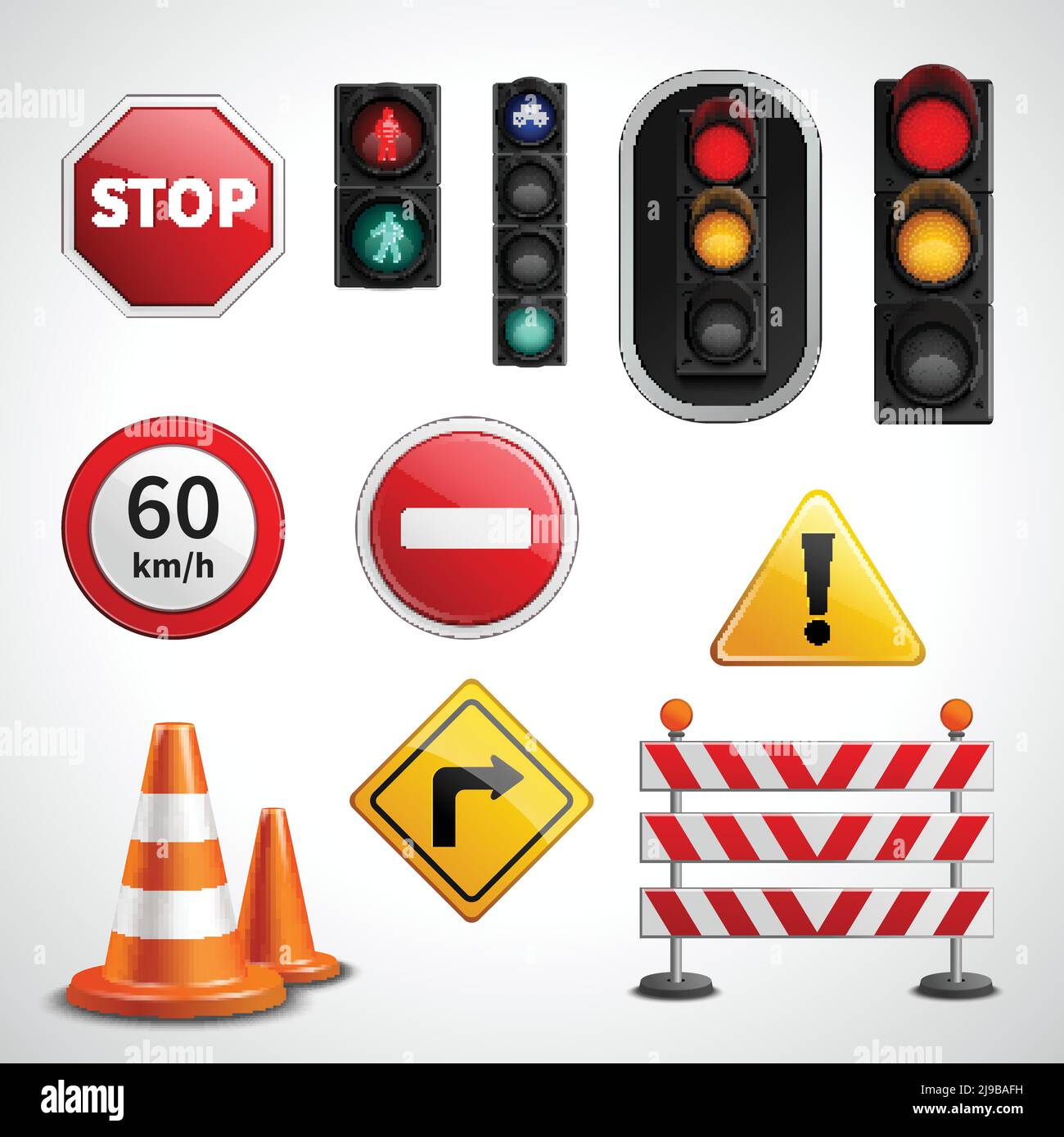 Road traffic flow regulatory signs and stoplights colorful glossy ...