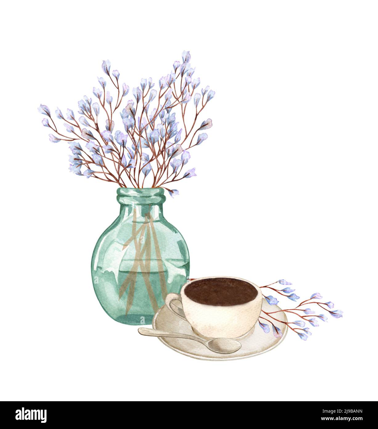Several blooming twigs in a glass vase and a cup og coffee. Watercolor ...