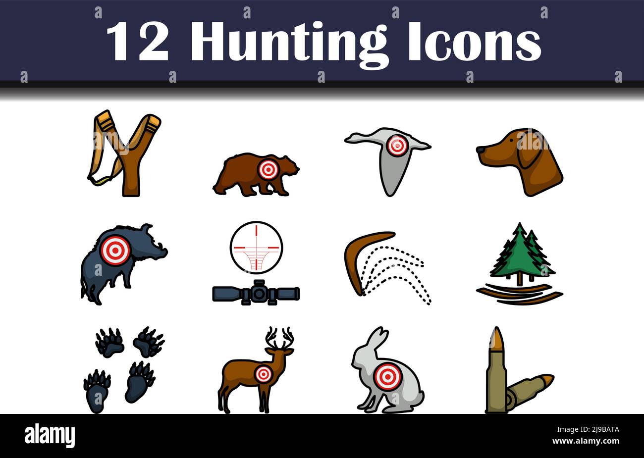 Hunting Icon Set. Editable Bold Outline With Color Fill Design. Vector ...