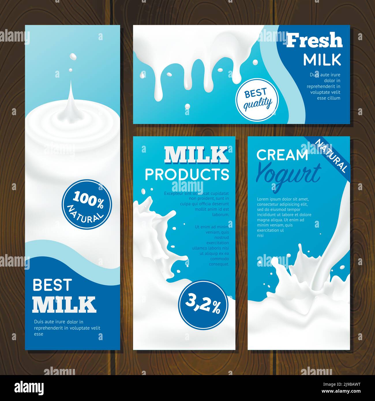 Milk products realistic banners set with splashes on wooden background ...