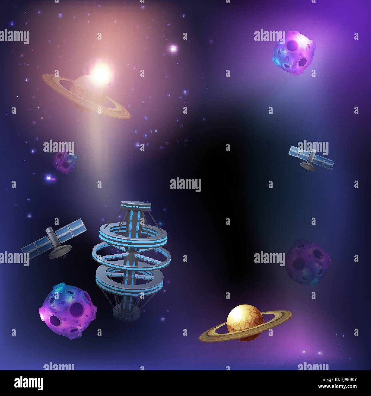 Space dark poster with realistic rocket ufo satellite and stars on ...