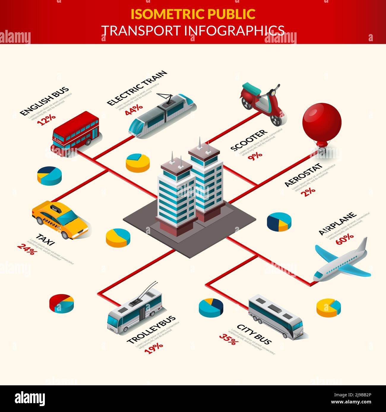 Public transport infographics set with city building and 3d vehicles ...